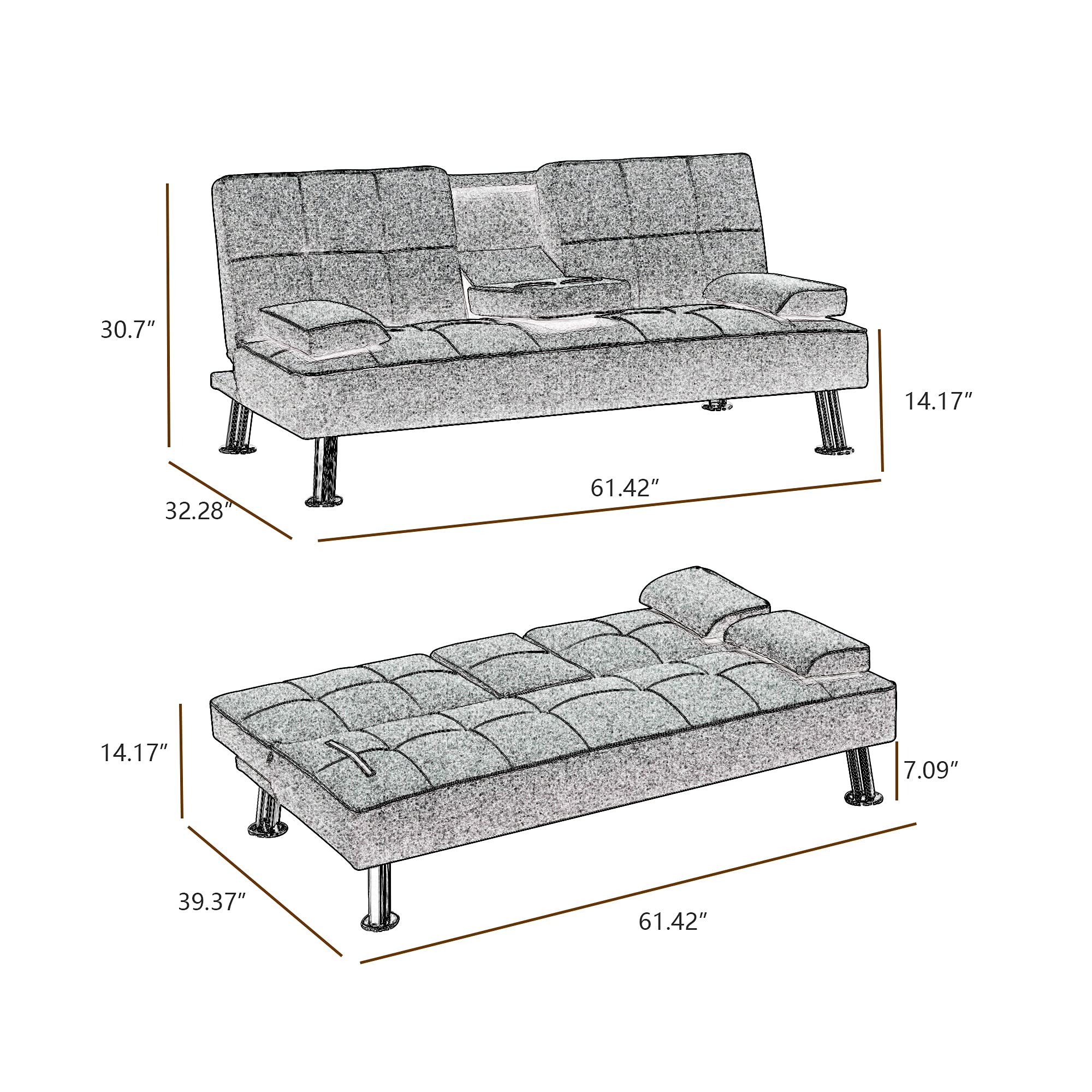 Eafurn Convertible Futon Sofa Cup Holders,Adjustable Sleeper Loveseat Couch,61.42" Linen Home Recliner Reversible Folding Daybed Guest Bed w/Removable Pillow-Top Armrests,Chromed Metal Legs, Black