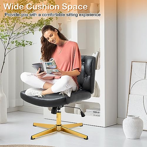HomVent Armless Office Desk Chair No Wheels, PU Leather Tufted Padded Cute Desk Chair, Modern Ergonomic Computer Desk Chair w/Gold Cross Base,Adjustable Swivel Desk Chair for Makeup Vanity Study Black