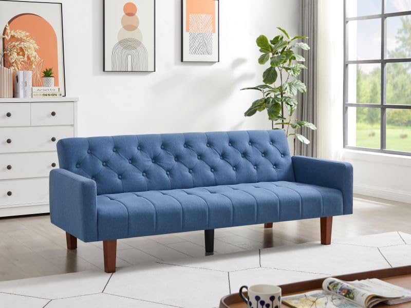 Fangflower Blue Tufted Back Sofa Bed Mid-Century Convertible Sleeper Futon with Tapered Wood Legs for Living Room Apartment Lounge