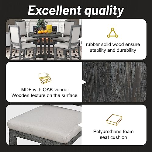 Round Dining Table & Chair Set, Extendable Leaf Wood Dining Table Round to Oval and 4 Upholstered Dining Chairs, 5-Piece Farmhouse Wooden Dining Set, Compact Table Set for Small Kitchen Room, Black