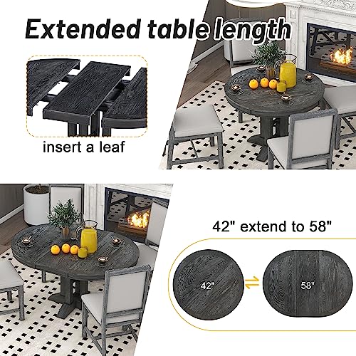 Round Dining Table & Chair Set, Extendable Leaf Wood Dining Table Round to Oval and 4 Upholstered Dining Chairs, 5-Piece Farmhouse Wooden Dining Set, Compact Table Set for Small Kitchen Room, Black