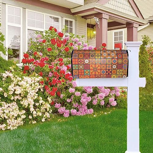 Portuguese Tiles Mailbox Covers Magnetic Standard Size 21" X 25.5" Mailbox Cover Waterproof Sun Protection Mailbox Wraps Post Letter Box Cover for Outdoor Garden Home Decor