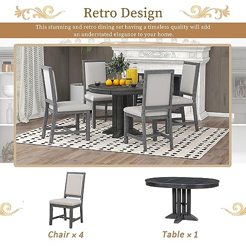 Round Dining Table & Chair Set, Extendable Leaf Wood Dining Table Round to Oval and 4 Upholstered Dining Chairs, 5-Piece Farmhouse Wooden Dining Set, Compact Table Set for Small Kitchen Room, Black