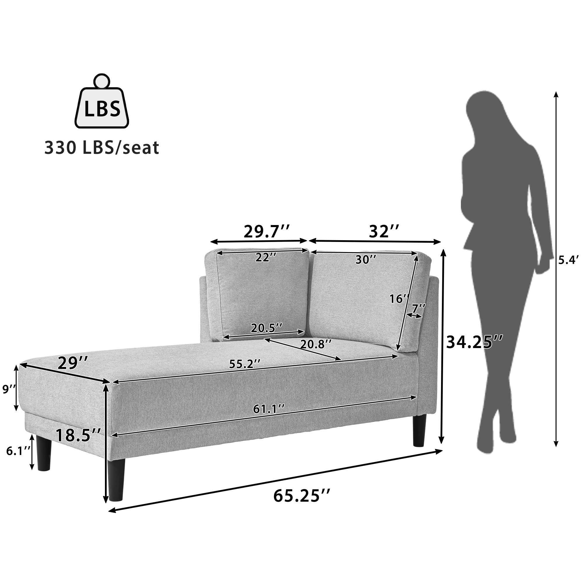 KoiHome 65" Mid-Century Modern Fabric Corner Chair, Upholstered Indoor Chaise Lounge, Sleeper One-Arm Recliner Daybed Sofa Bed for Bedroom,Office,Small Living Room,Apartment, Polyester, Grey
