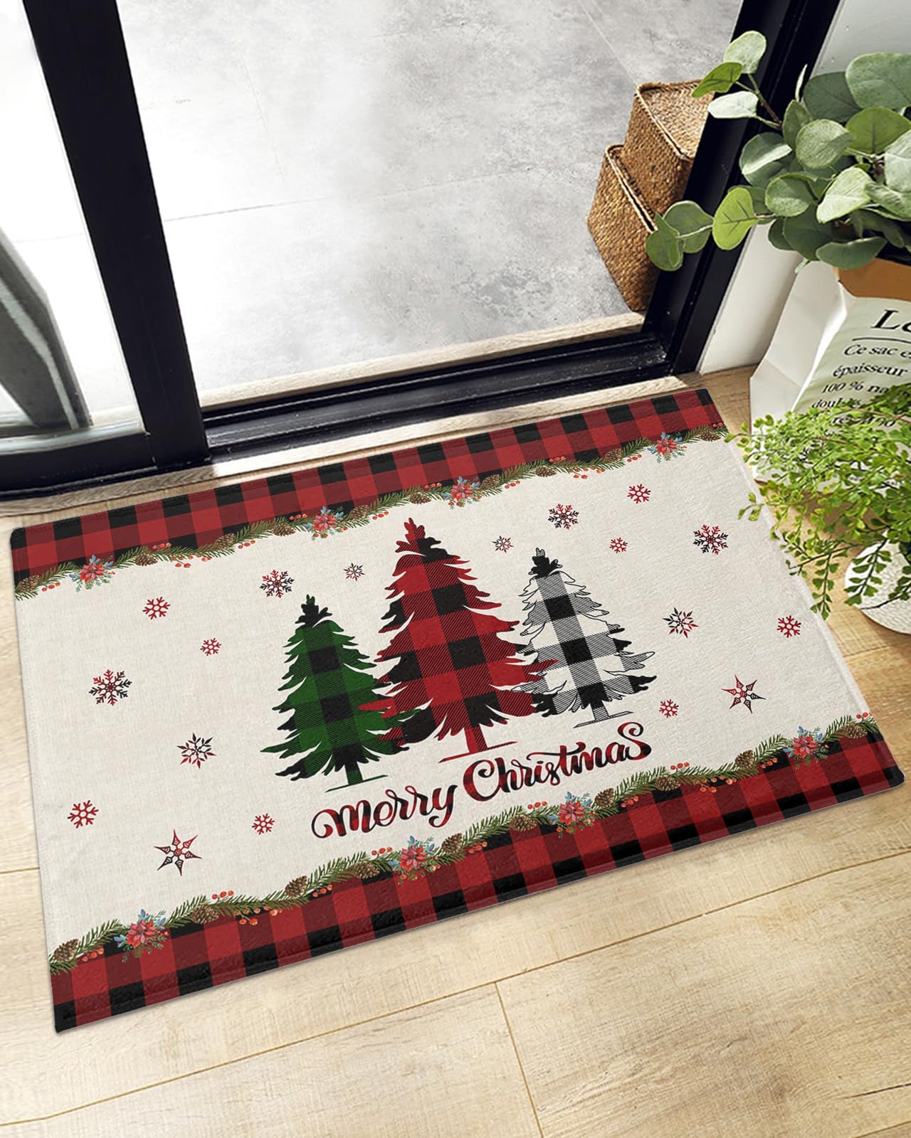 Indoor Doormat Xmas Tree Winter Snow,Shaggy Floor Mat with Non-Skid Backing Pine Cones Red Black Buffalo Check,Machine Washable Plush Area Rug Carpets for Kitchen Nursery Bedroom 16x24in