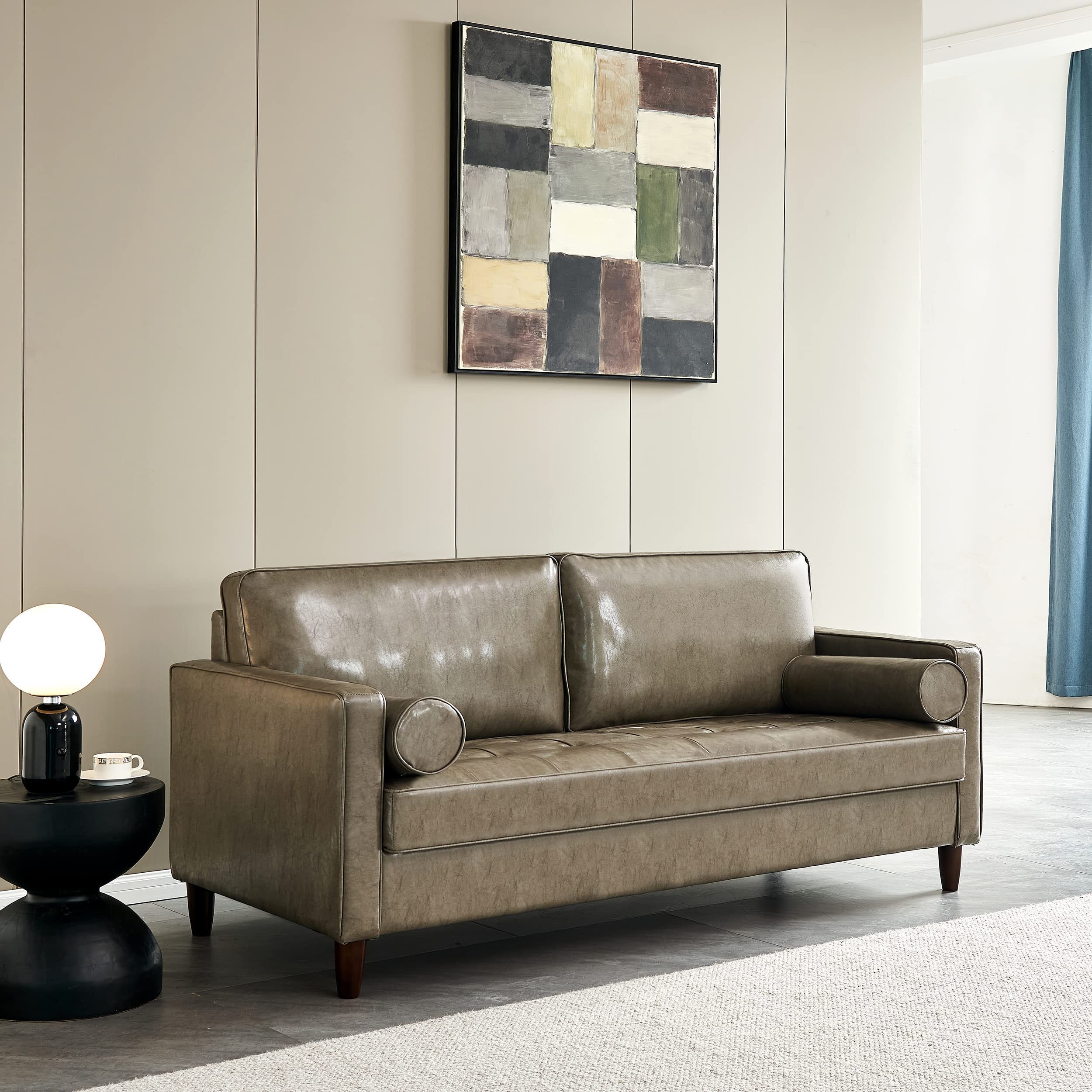 TARTOP Vegan PU Leather Living Room, Mid-Century Upholstered 3 Sofa Couch with 2 Pillows,Hidden Storage Space and Button Tufted Seat for Home or Office,Khaki