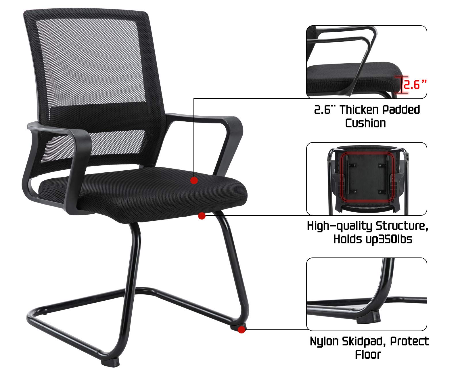 10 Pack Office Guest Chairs & Reception Chairs, Set of 10 Heavy Duty Mesh Fabric Waiting Room Chairs Meeting Room Guest Chairs with Sled Base, Black