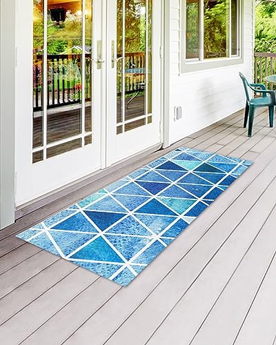 Welcome Mats, Blue Triangle Tile Pattern Door Mat, Non-Slip Absorbent Large 18x47 Inch Outdoor Indoor Mat Low-Profile Floor Mat Doormat for Entryway/Patio/Garage