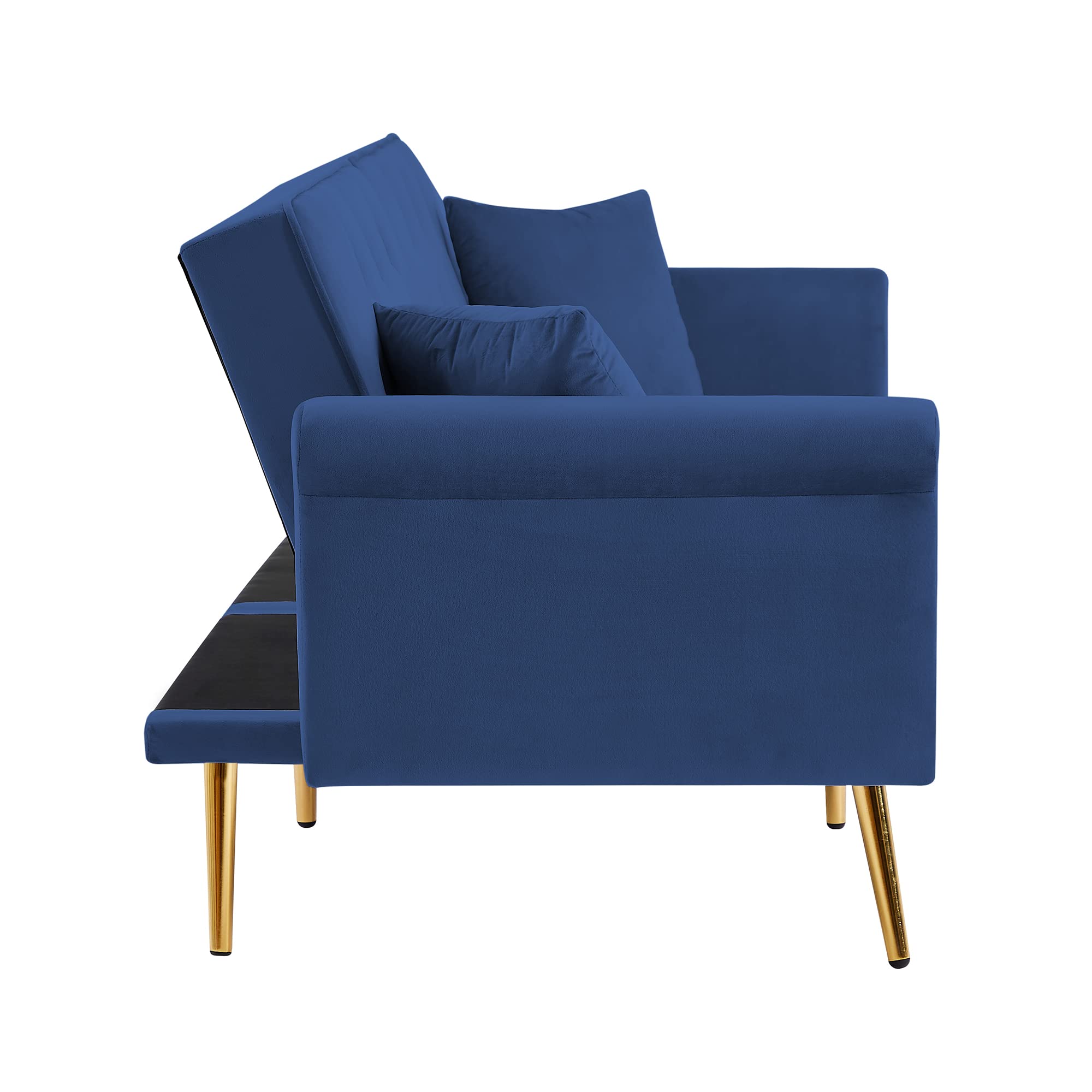 Eafurn Convertible Futon Sofa Bed Folding Sleeper Couch Velvet Upholstered Loveseat w/Nailhead Trim, Metal Legs, 2 Pillows for Compact Living Space, Apartment, Dorm, Bonus Room, Blue 76.7"