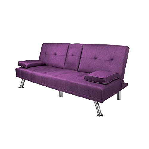 YUNLife Twin Size Linen Upholstered Modern Convertible Folding Futon Loveseat Sofa Sleeper Bed 2 Seaters Recliner Couch with Cup Holders,3 Angles,Metal Legs,Removable Soft Pillow-Top Armrest
