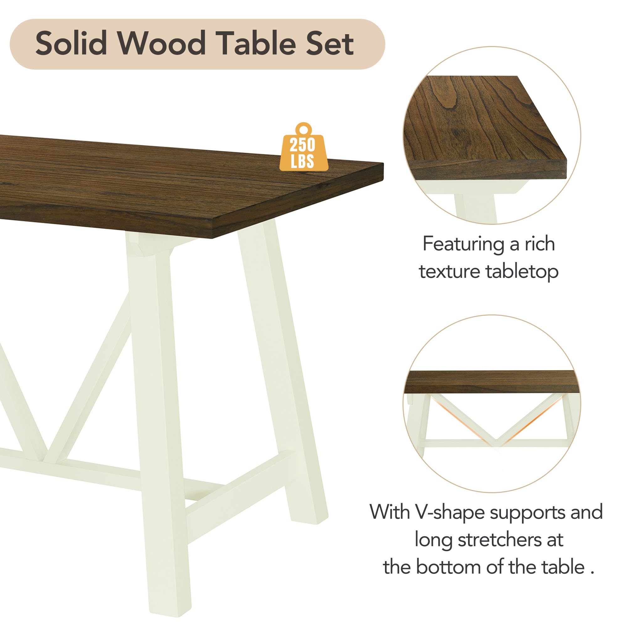 Bellemave Farmhouse 4-Piece Dining Table Set, Solid Wood Kitchen Table Set with 2 Cushions Chairs and Bench, Dining Table Set for Home Kitchen Dining Room Furniture(Acasia Brown+Butter Milk)