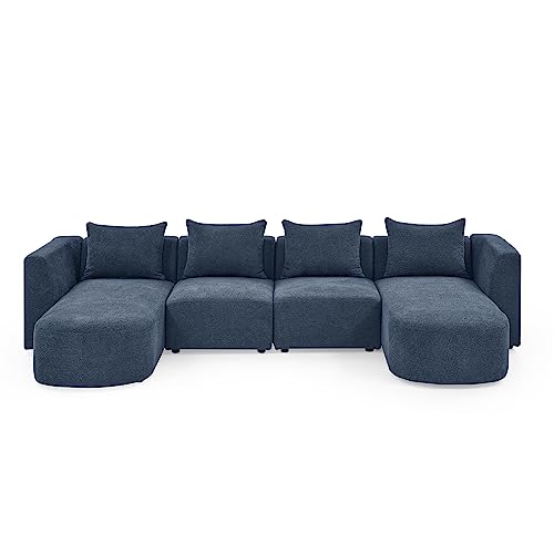 Evedy Sectional, U Shape Single Seats and 2 Chaises, Modular Upholstered Sofas, DIY Combination, Loop Yarn Fabric, Deep Seater Cozy Couches for Living Room, Navy