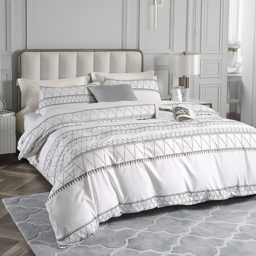 Tokokimo Duvet Cover Set King Size, 3 Pc White Soft Boho Aztec Bohemian Bedding Duvet Cover Sets with Zipper Closure Corner Ties