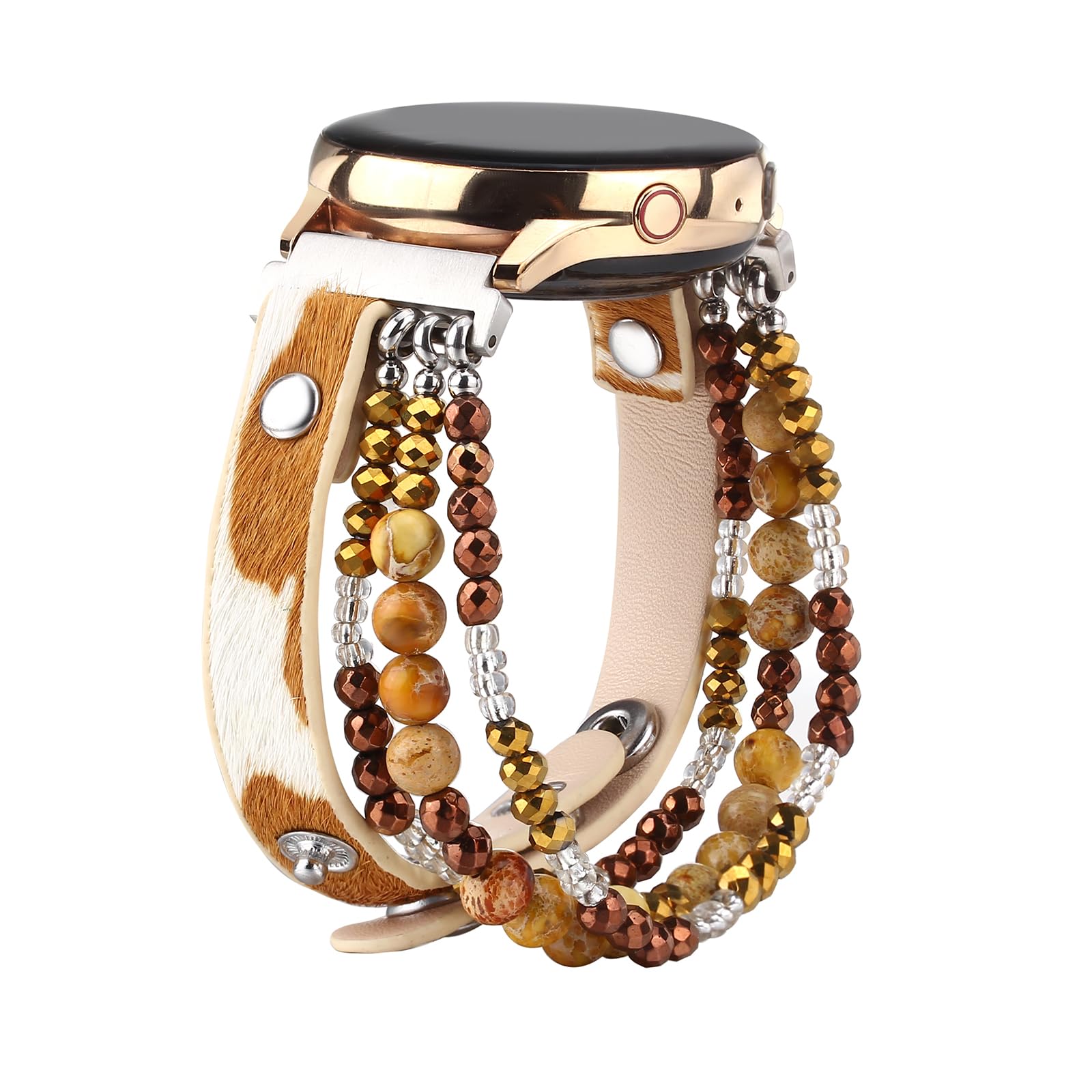 BOKIIWAY Handmade Leopard Leather Beaded Boho Watch Bracelet Band Compatible with Samsung Galaxy-Huawei -Garmin-Fossil- /20mm/22mm-Bohemian Stone Watch Strap for Women (22mm, Green Jasper)