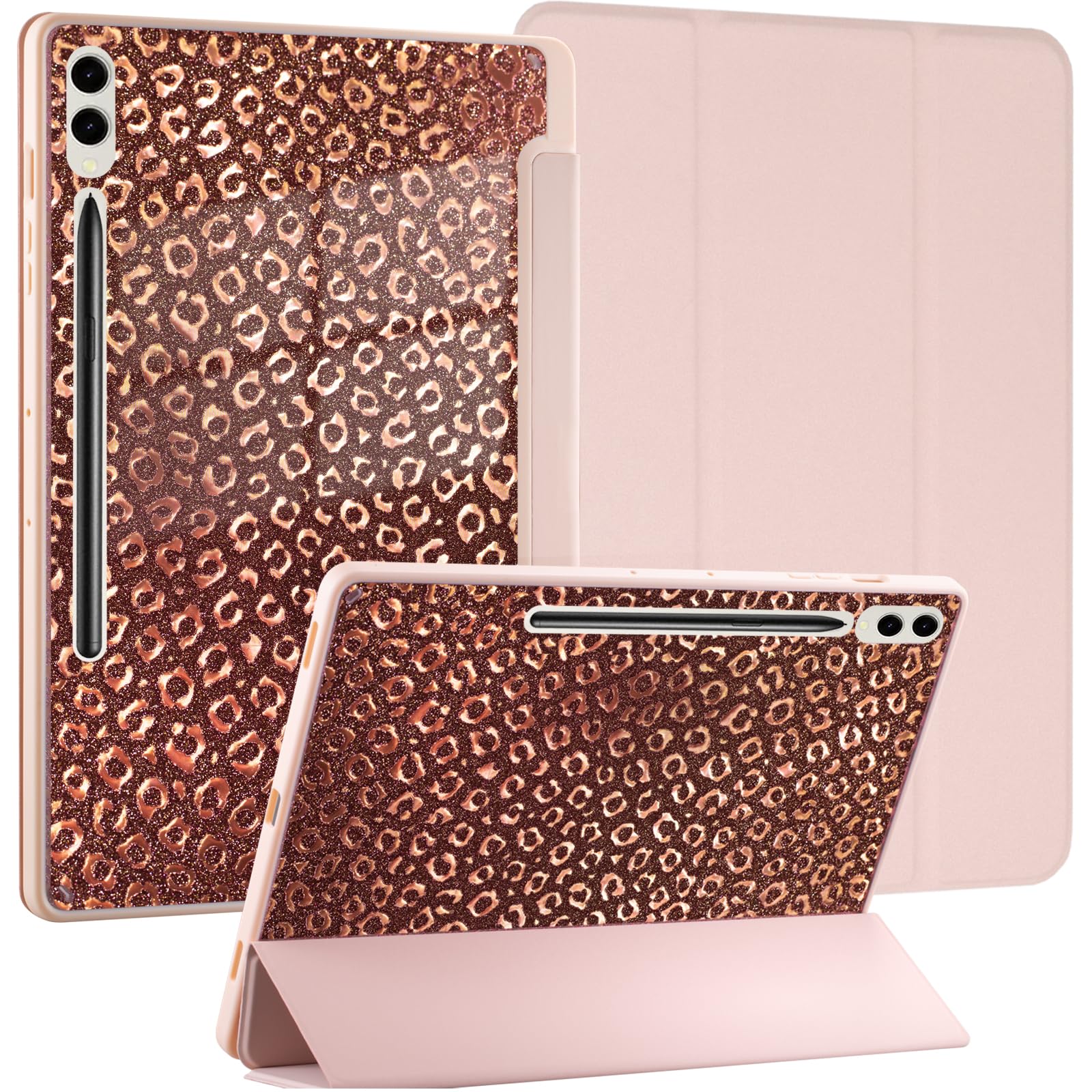 SoFunMoky for Samsung Galaxy Tab S9 Plus Case 12.4 Inch 2023 with S Pen Holder Multiple Angles Glitter Shining Gold Leopard Cheetah Full Protective Auto Wake Sleep Bling for S9+ Tablet Cover, Pink
