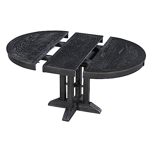 Round Dining Table & Chair Set, Extendable Leaf Wood Dining Table Round to Oval and 4 Upholstered Dining Chairs, 5-Piece Farmhouse Wooden Dining Set, Compact Table Set for Small Kitchen Room, Black
