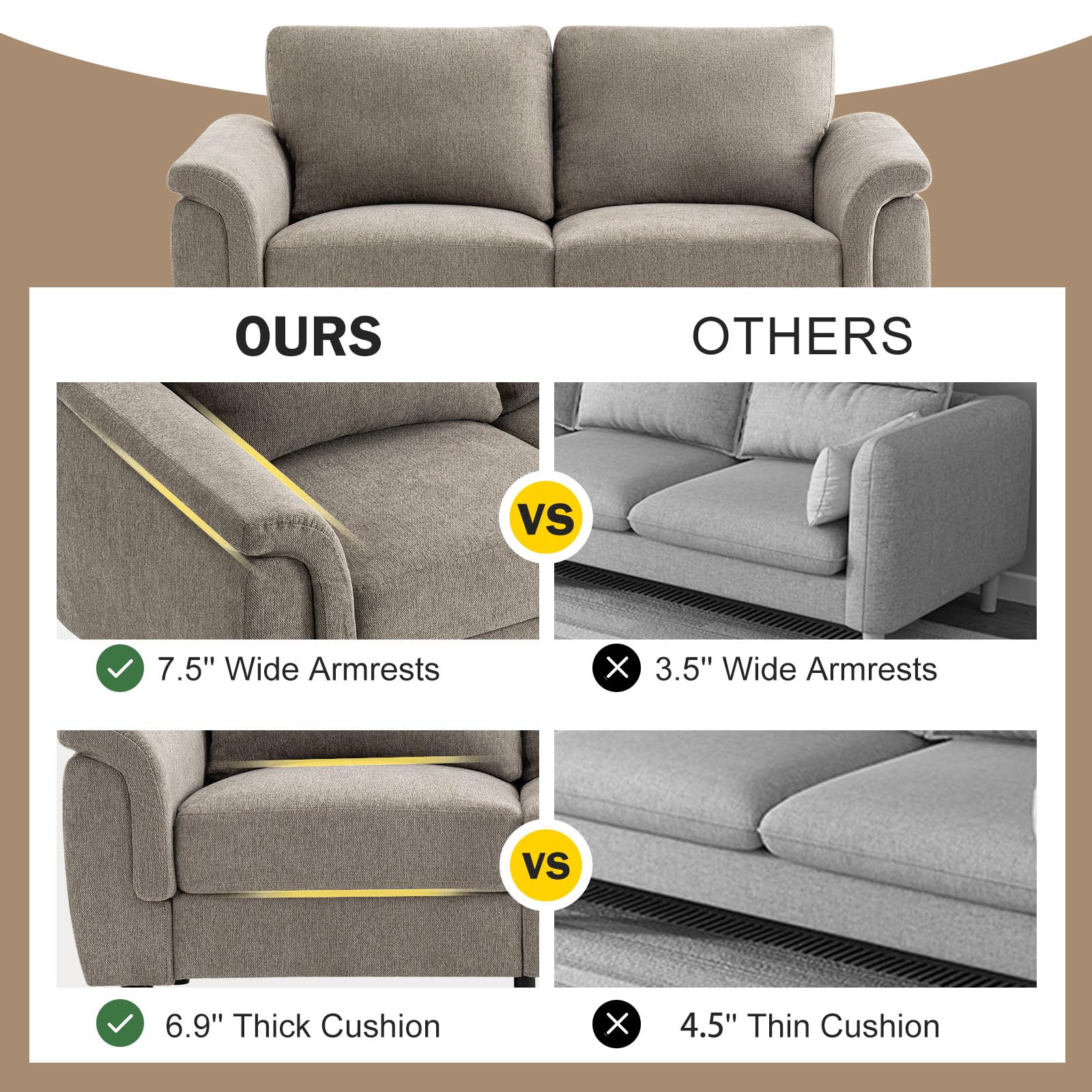 CDCASA Loveseat Sofa, Linen Fabric Mid Century Modern Love Seats Couches, Upholstered 2-Seater Sectional Sofa Small Couch w/Wood Legs for Living Room, Bedroom, Small Space, 1PCS, Light Brown