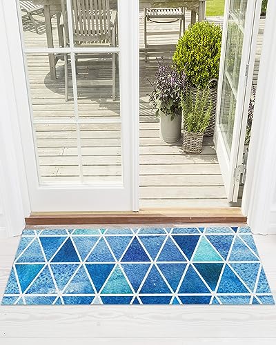 Welcome Mats, Blue Triangle Tile Pattern Door Mat, Non-Slip Absorbent Large 18x47 Inch Outdoor Indoor Mat Low-Profile Floor Mat Doormat for Entryway/Patio/Garage