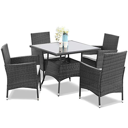 Odoor Direct 5 Piece Patio Dining Set, Patio Table and Chairs Set for 4, Wicker Outdoor Furniture, Square Tempered Glass Tabletop with Umbrella Hole, for Balcony, Backyard, Front Porch,Grey