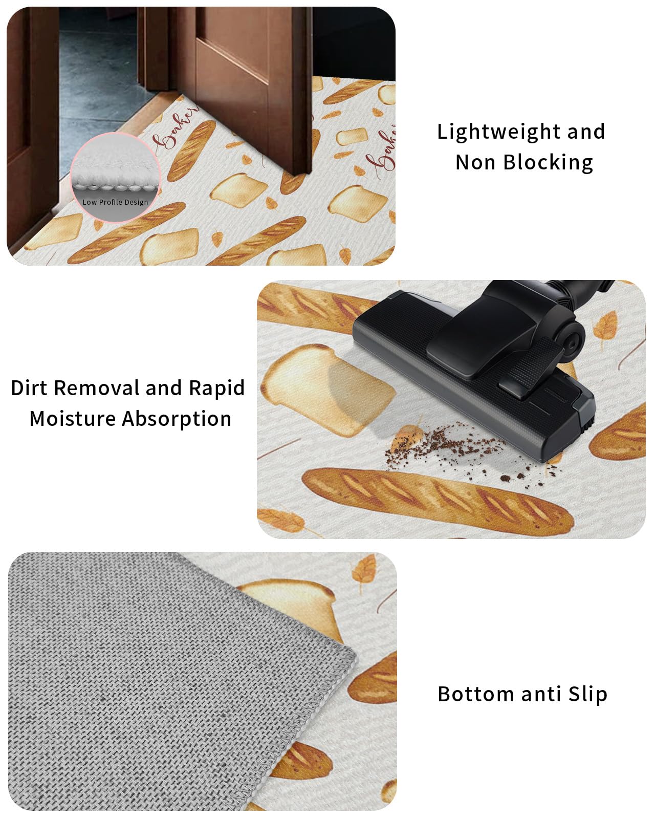 Indoor Outdoor Mats, Dessert Baking Bread and Baguette Tile Pattern Door Mat, Non-Slip Absorbent Resist Dirt Entrance Mat Washable Welcome Mats for Entryway, Low-Profile Floor Mats