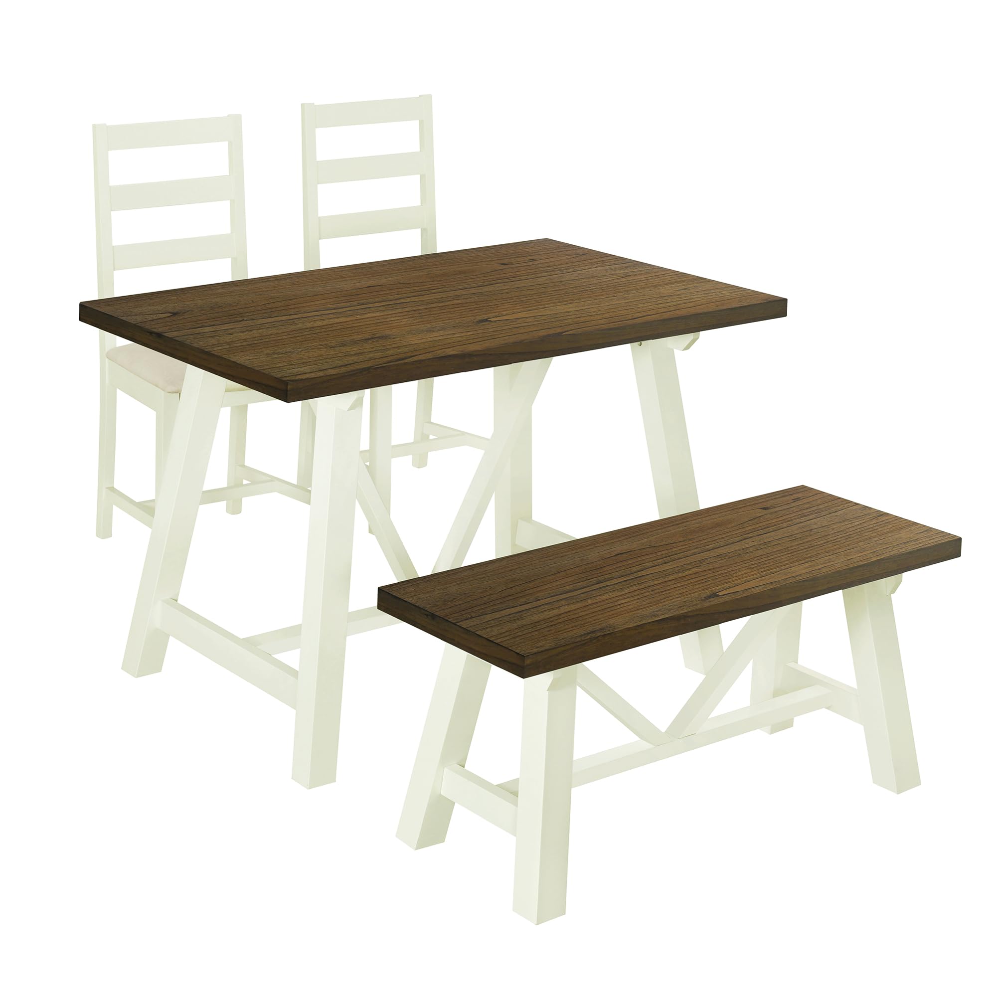 Bellemave Farmhouse 4-Piece Dining Table Set, Solid Wood Kitchen Table Set with 2 Cushions Chairs and Bench, Dining Table Set for Home Kitchen Dining Room Furniture(Acasia Brown+Butter Milk)