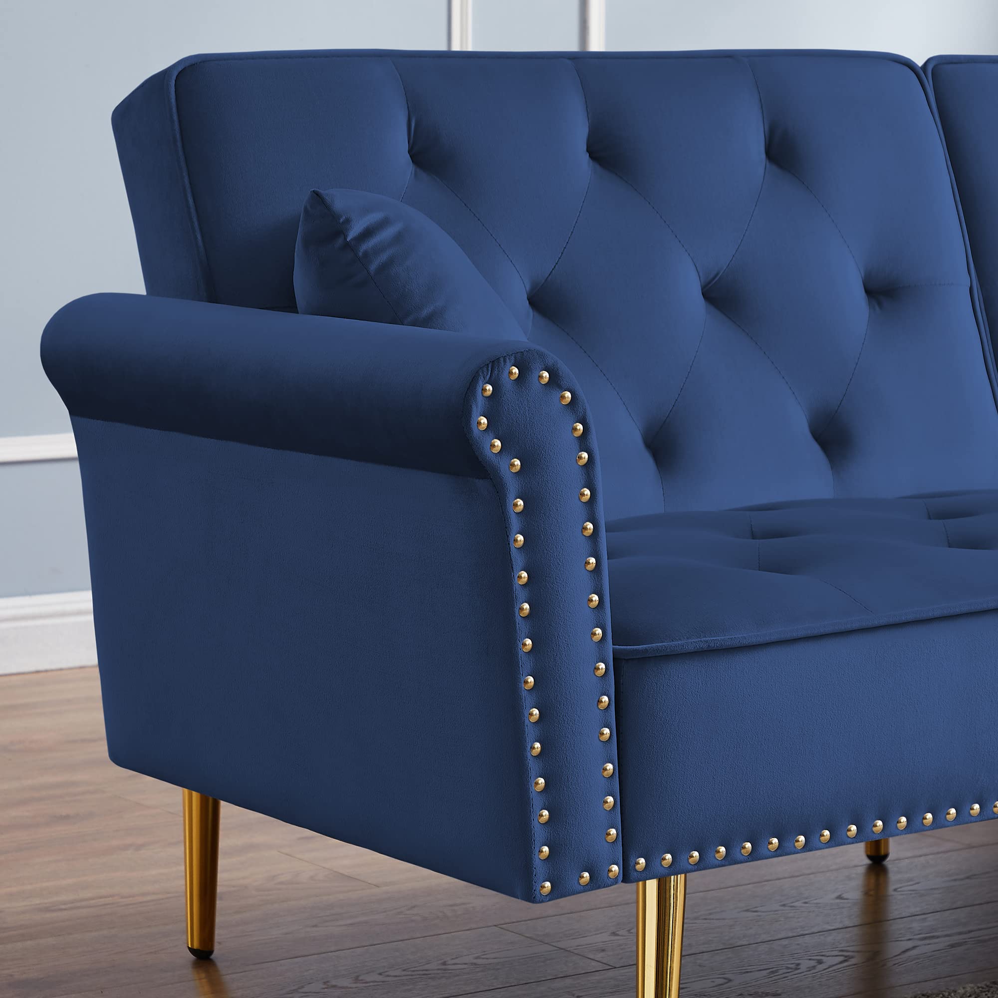 Eafurn Convertible Futon Sofa Bed Folding Sleeper Couch Velvet Upholstered Loveseat w/Nailhead Trim, Metal Legs, 2 Pillows for Compact Living Space, Apartment, Dorm, Bonus Room, Blue 76.7"