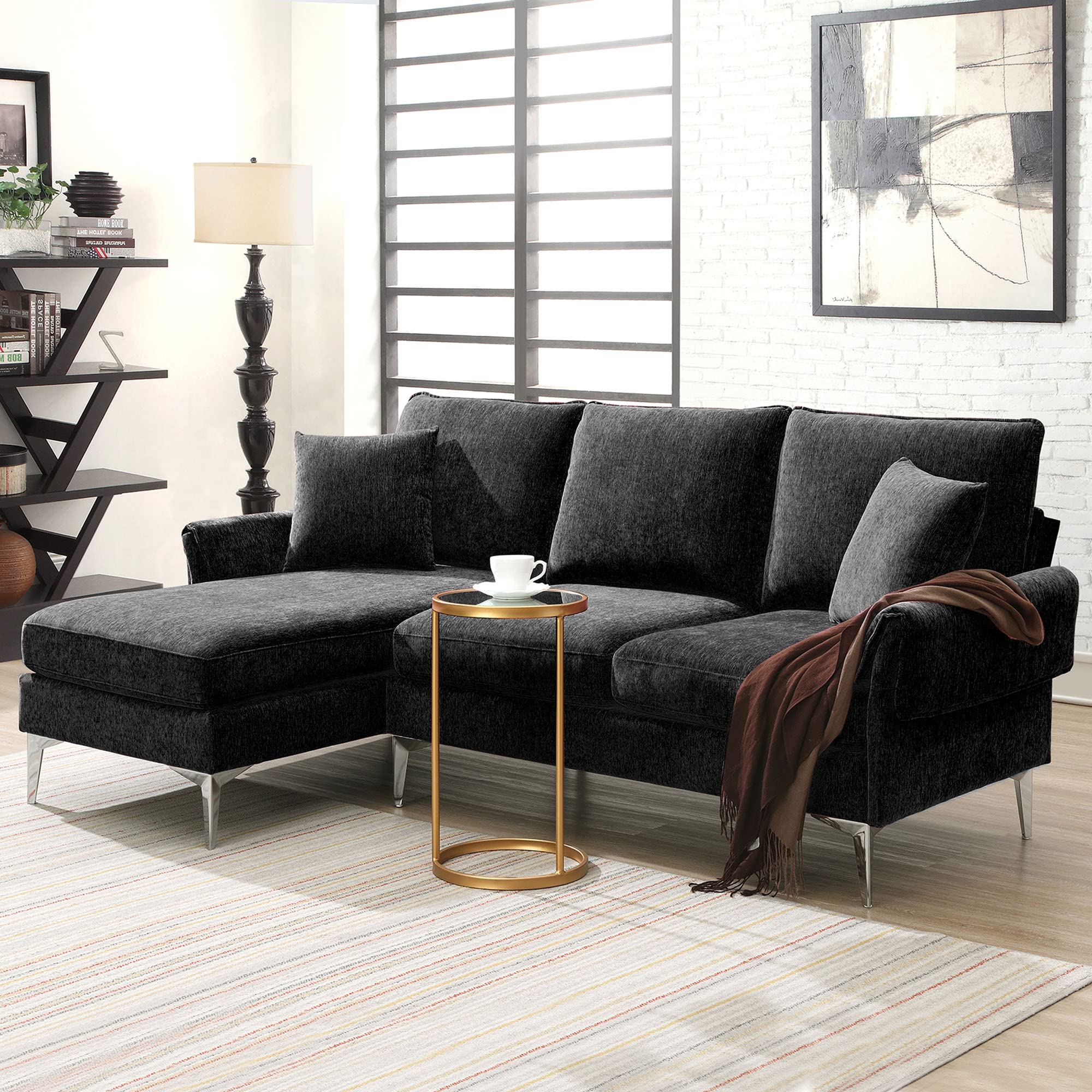 KoiHome 84" Convertible Sectional 2 Pillows, Modern Chenille L-Shaped Couch with Reversible Chaise Lounge, 3-Seater Sleeper Sofa, Fit for Living Room,Office,Apartment, Polyester, Black