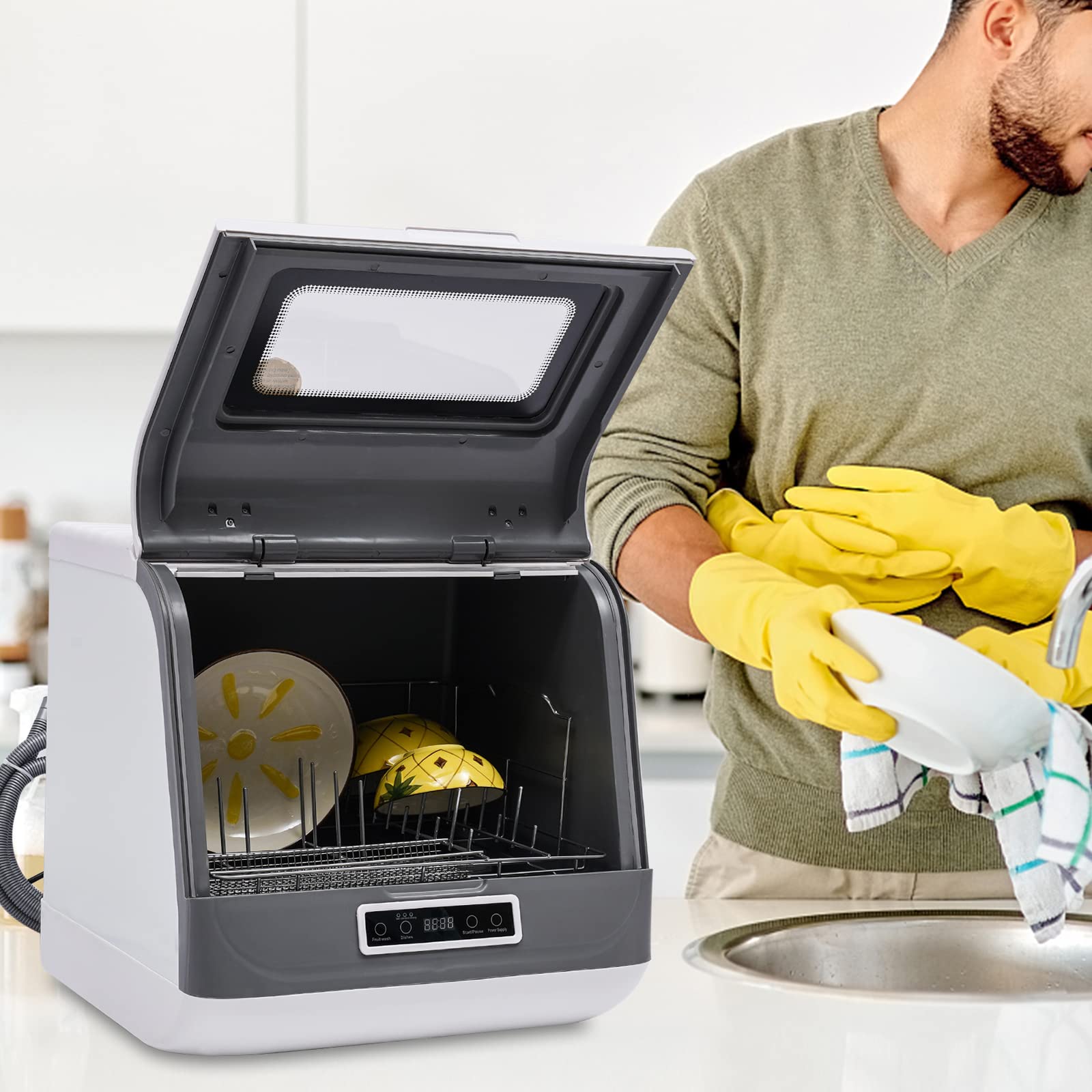 YIYIONCE Portable Countertop Dishwasher, 360 Degree Automatic Dishwasher, 3 Washing Programs Dishwasher, Portable Washer Machine and Dryer, Large Capacity for Home Small Apartment (Gray) | US STOCK