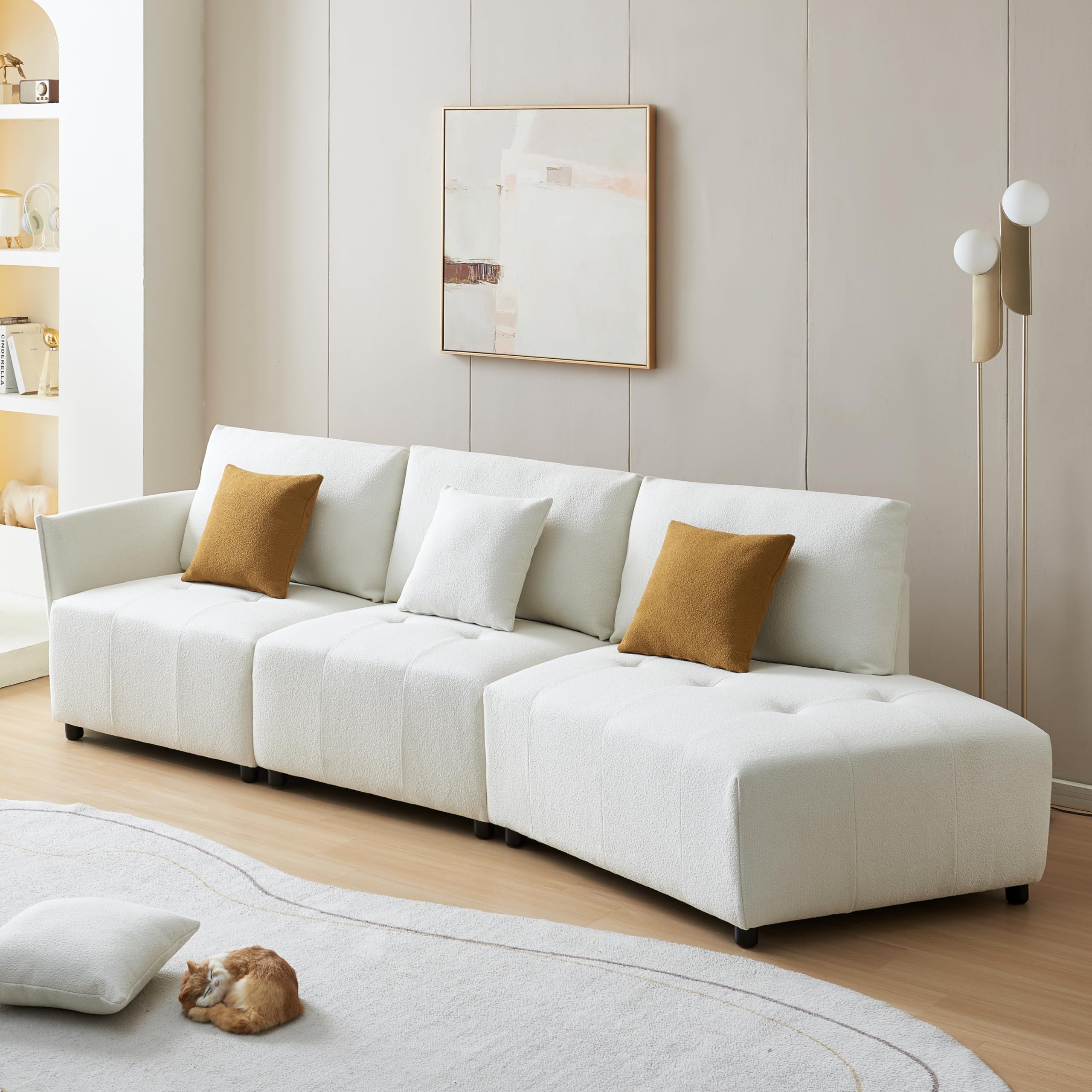 120'' Teddy Fabric Sofa, Modern Modular Sectional Couch, Button Tufted Seat Cushion for Living Room, Apartment & Office.(Beige)