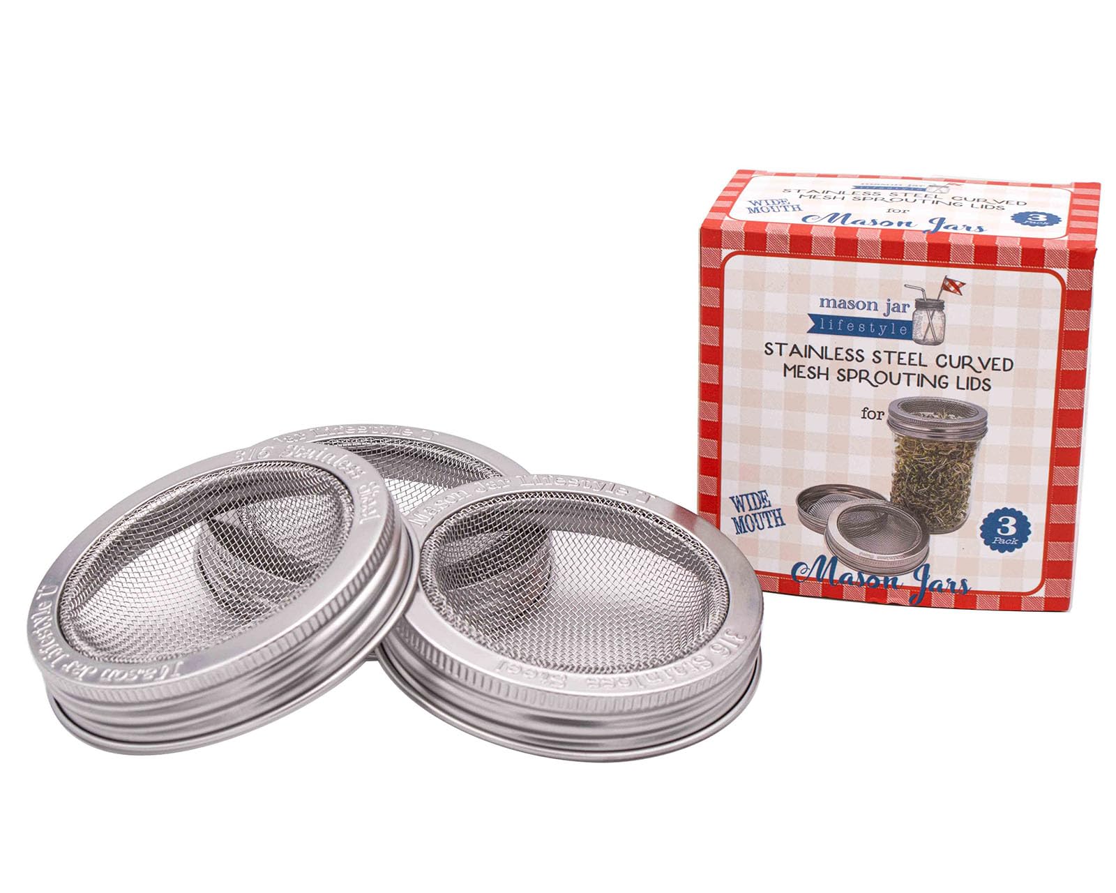 3 Pack Rust Proof Sprouting Lids for Wide Mouth Mason Jars by Mason Jar Lifestyle - Curved For Better Airflow - 316 Stainless Steel - One Piece Design…