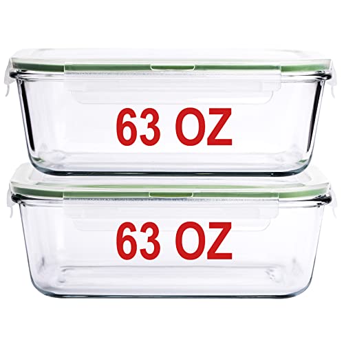 63 Oz 2 Pcs Large Glass Food Storage Containers 8 Cups Family Size Set Baking Containers with Locking Lids Storing food, BPA Free Leak Proof Microwave Oven Safe (2, 63 OZ)