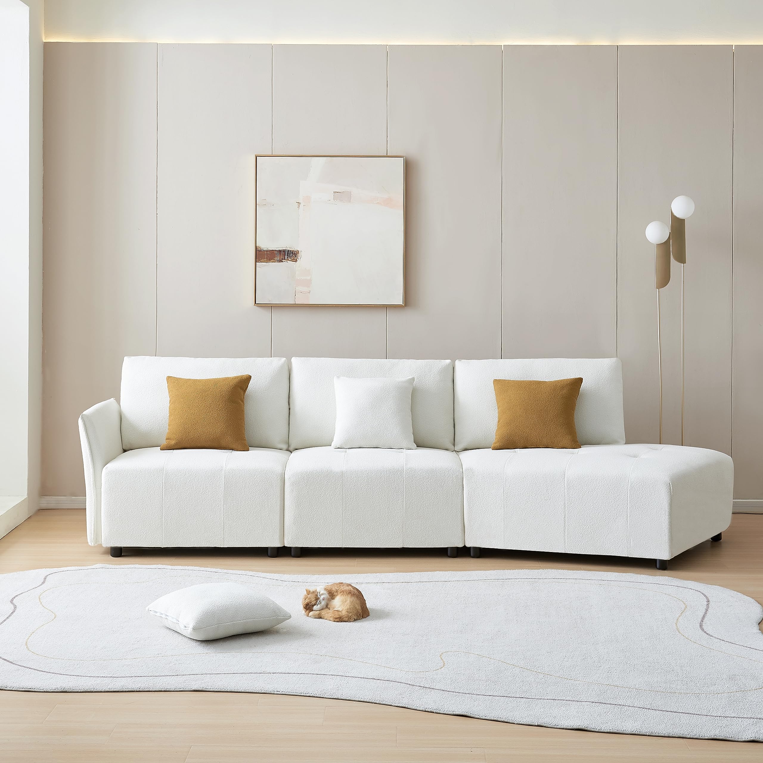 120'' Teddy Fabric Sofa, Modern Modular Sectional Couch, Button Tufted Seat Cushion for Living Room, Apartment & Office.(Beige)