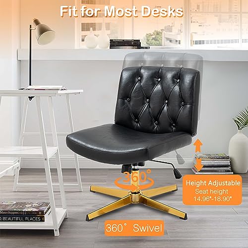 HomVent Armless Office Desk Chair No Wheels, PU Leather Tufted Padded Cute Desk Chair, Modern Ergonomic Computer Desk Chair w/Gold Cross Base,Adjustable Swivel Desk Chair for Makeup Vanity Study Black