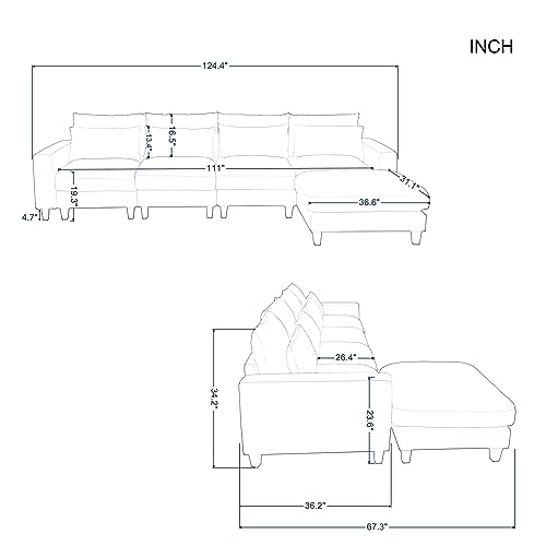 Lepfun Oversized Fabric Set, Extra Large L Shaped Reversible Chaise Sectional Couch, 124.4” Width, 4 Seat Modular Sofa with Storage Ottaman, Dark Grey