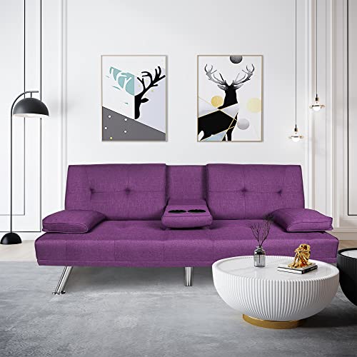 YUNLife Twin Size Linen Upholstered Modern Convertible Folding Futon Loveseat Sofa Sleeper Bed 2 Seaters Recliner Couch with Cup Holders,3 Angles,Metal Legs,Removable Soft Pillow-Top Armrest