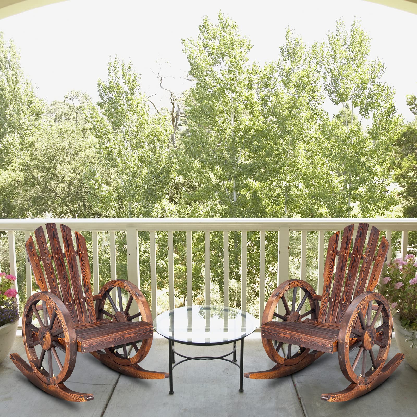 Ynredee Wooden Rocking Chair,Patio Rocker Chair with Slatted Design and Oversized Back Wagon Wheel Armrest for Porch,Poolside,Garden