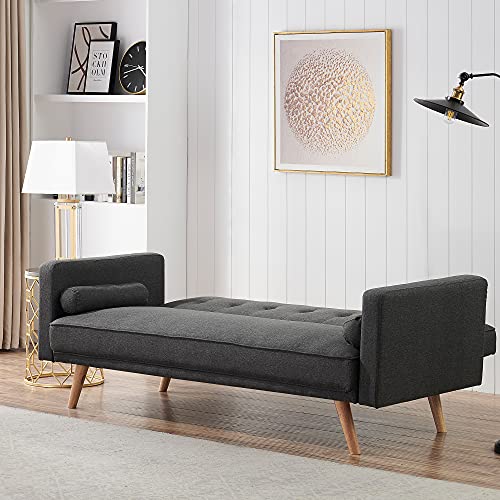 ERYE Dark Gray 3-in-1 Upholstered Futon Loveseat Convertible Sleeper Bed,2-Seaters Sofa & Couch Soft Cushions Love Seat Daybed for Small Space Living Room Napping Linen w/2 Pillows, Twin