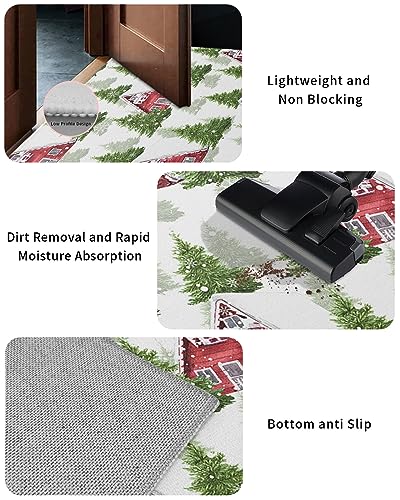 Indoor Outdoor Mats, Christmas Tree and Farm Barn Tile Pattern Door Mat, Non-Slip Absorbent Resist Dirt Entrance Mat Washable Welcome Mats for Entryway, Low-Profile Floor Mats