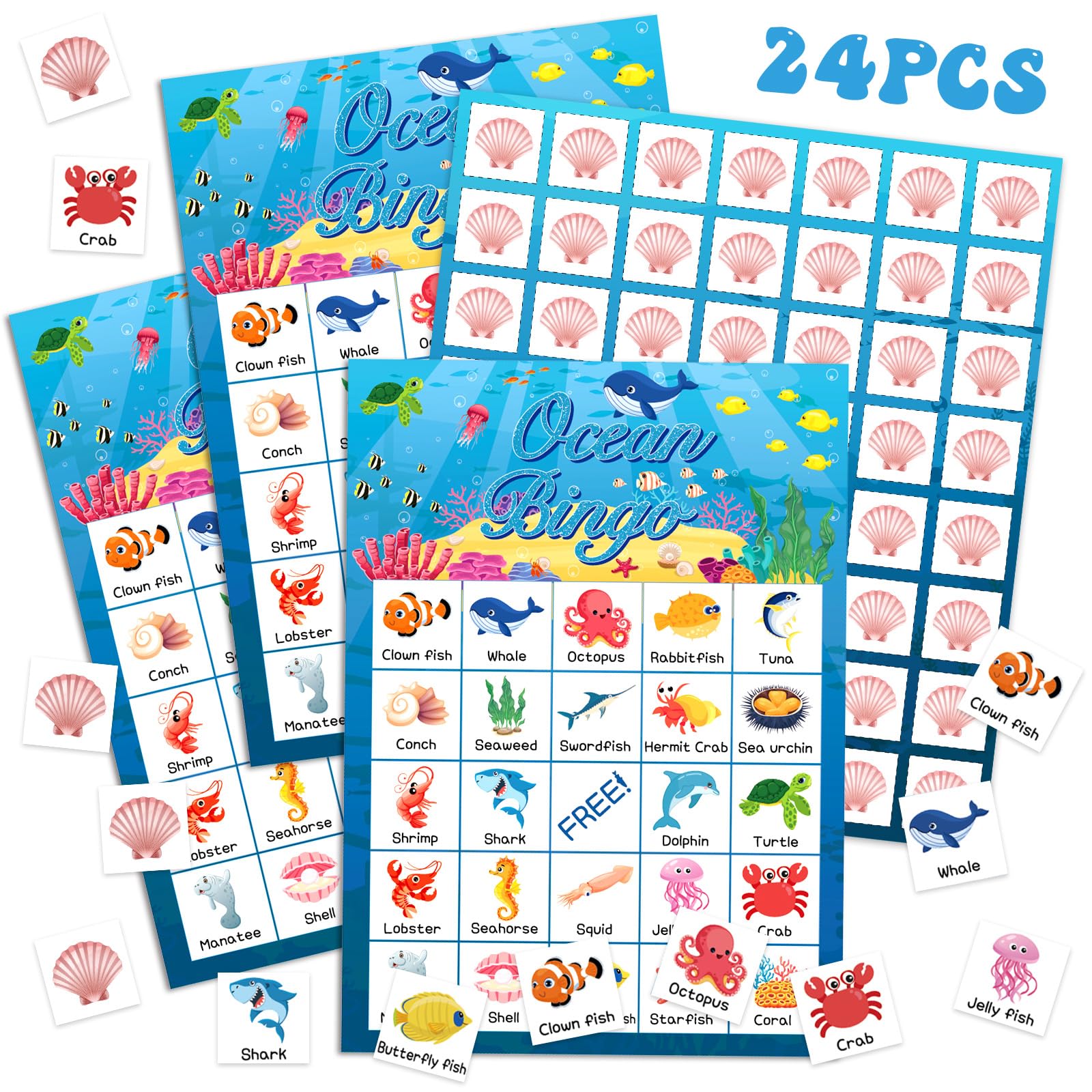 Liliful Ocean Animal Bingo Game Cards for Kids 24 Sea Bingo Cards Ocean Theme Game for Under The Sea Party Favors Supplies Children Party School Classroom