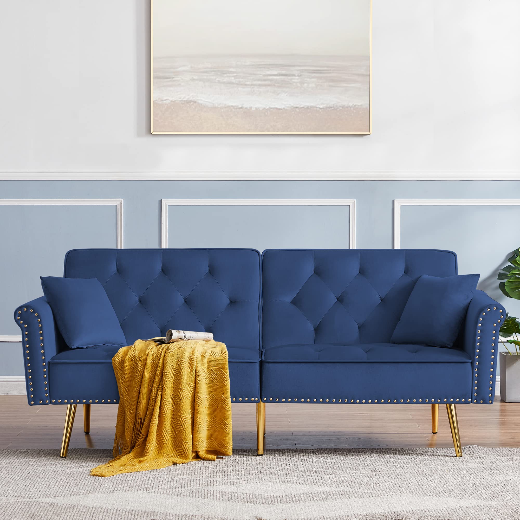 Eafurn Convertible Futon Sofa Bed Folding Sleeper Couch Velvet Upholstered Loveseat w/Nailhead Trim, Metal Legs, 2 Pillows for Compact Living Space, Apartment, Dorm, Bonus Room, Blue 76.7"
