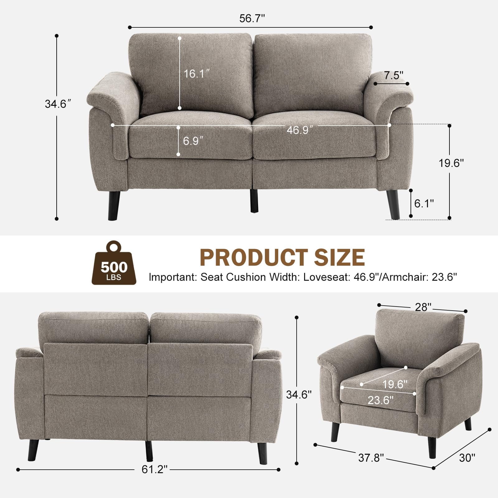 CDCASA Loveseat Sofa, Linen Fabric Mid Century Modern Love Seats Couches, Upholstered 2-Seater Sectional Sofa Small Couch w/Wood Legs for Living Room, Bedroom, Small Space, 1PCS, Light Brown