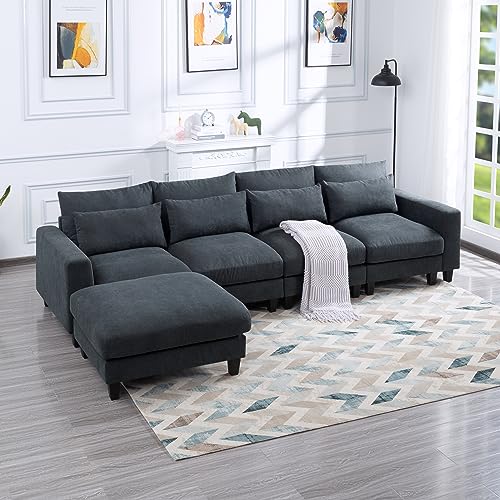 Lepfun Oversized Fabric Set, Extra Large L Shaped Reversible Chaise Sectional Couch, 124.4” Width, 4 Seat Modular Sofa with Storage Ottaman, Dark Grey