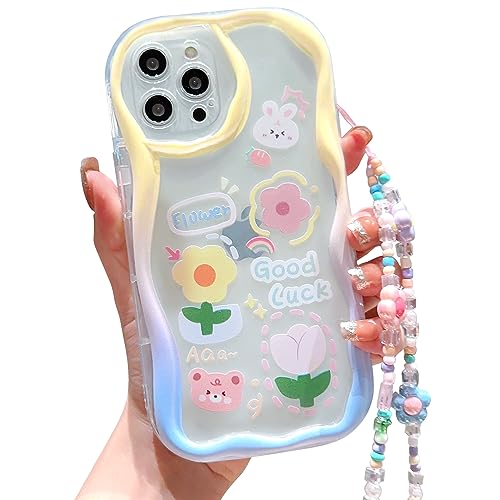 ZSYTZL Compatible with iPhone 13 Pro Max Case Cute Clear Floral Pattern for Design Aesthetic Women Teen Girls with Flower Colorful Bracelet Chain Kawaii Protective Phone Case for iPhone 13 Pro Max