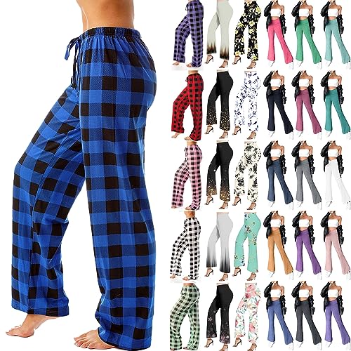 FOVIGUO Black of Friday Cyber of Monday, Womens Casual Pants Vintage Plaid Printed Straight Leg Drawstring Trousers Elastic High Waist Loose Comfy Slacks