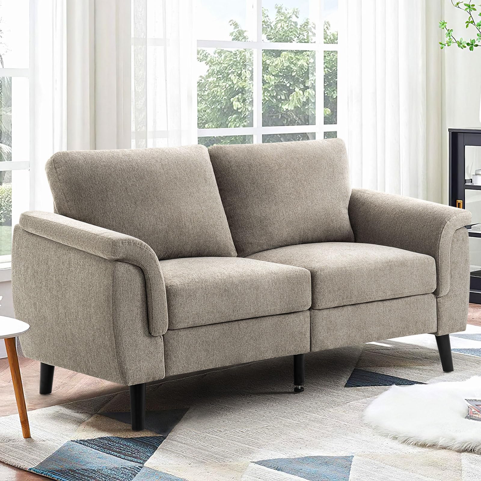 CDCASA Loveseat Sofa, Linen Fabric Mid Century Modern Love Seats Couches, Upholstered 2-Seater Sectional Sofa Small Couch w/Wood Legs for Living Room, Bedroom, Small Space, 1PCS, Light Brown