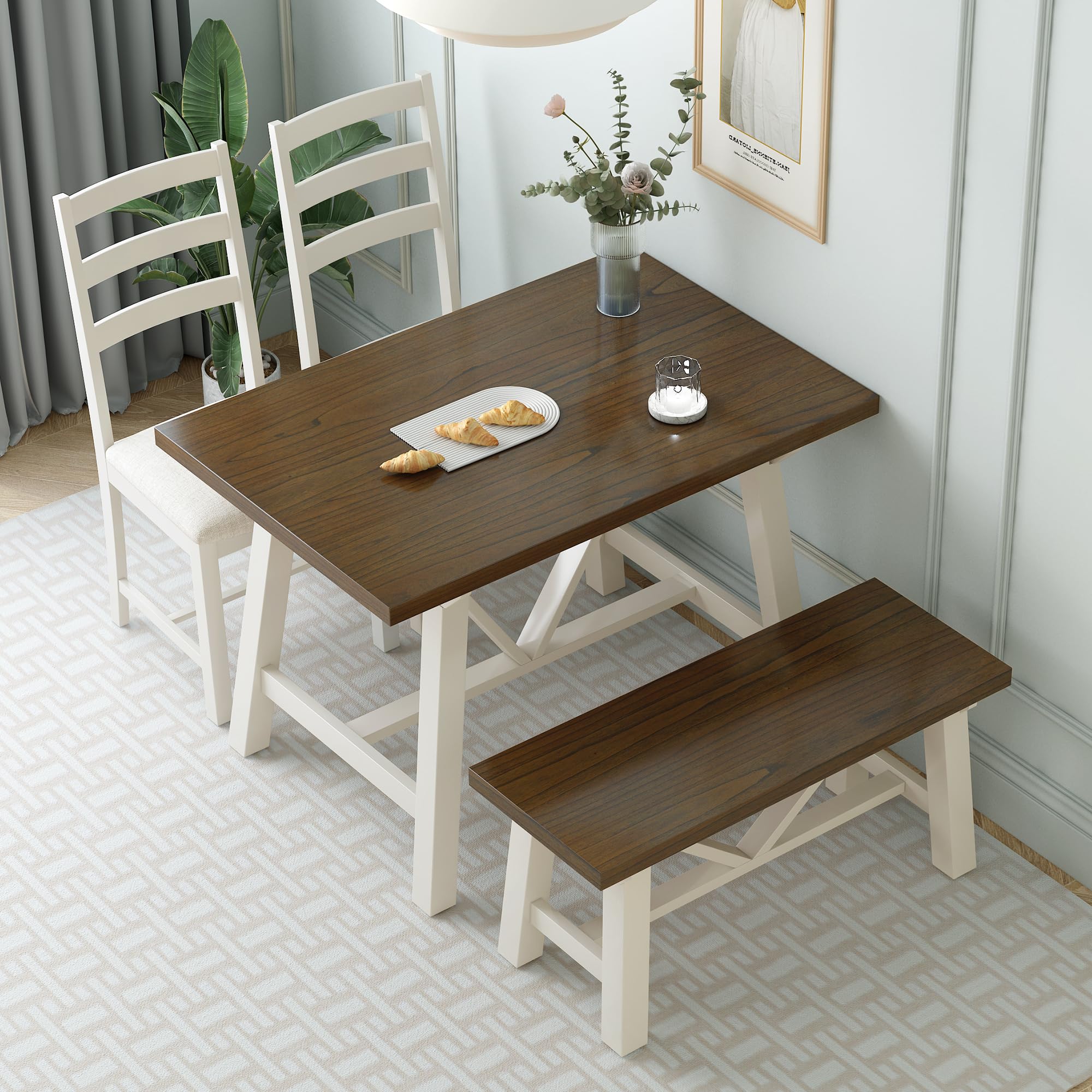 Bellemave Farmhouse 4-Piece Dining Table Set, Solid Wood Kitchen Table Set with 2 Cushions Chairs and Bench, Dining Table Set for Home Kitchen Dining Room FurnitureďźAcasia Brown+Butter Milkďź