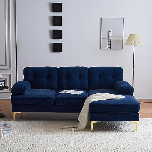 Eafurn Button Tufted Velvet Sectional, L-Shape Corner Extra Wide Chaise Lounge and Arm-Pillows, Right Hand Facing Comfy Sofa & Couches for Living Room,Up to 3 Seating Capacity, Blue 83"