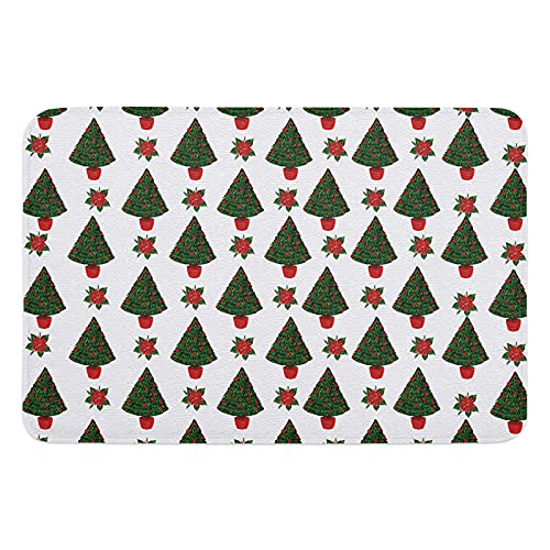 Merry Christams Tree Red Poinsettia Green Leaves Beige Christmas Bath Rugs Sponge Doormat Non Slip Backing Durable Flannel Mat Memory Foam Mats Carpet for Bathroom Kitchen 32x20In