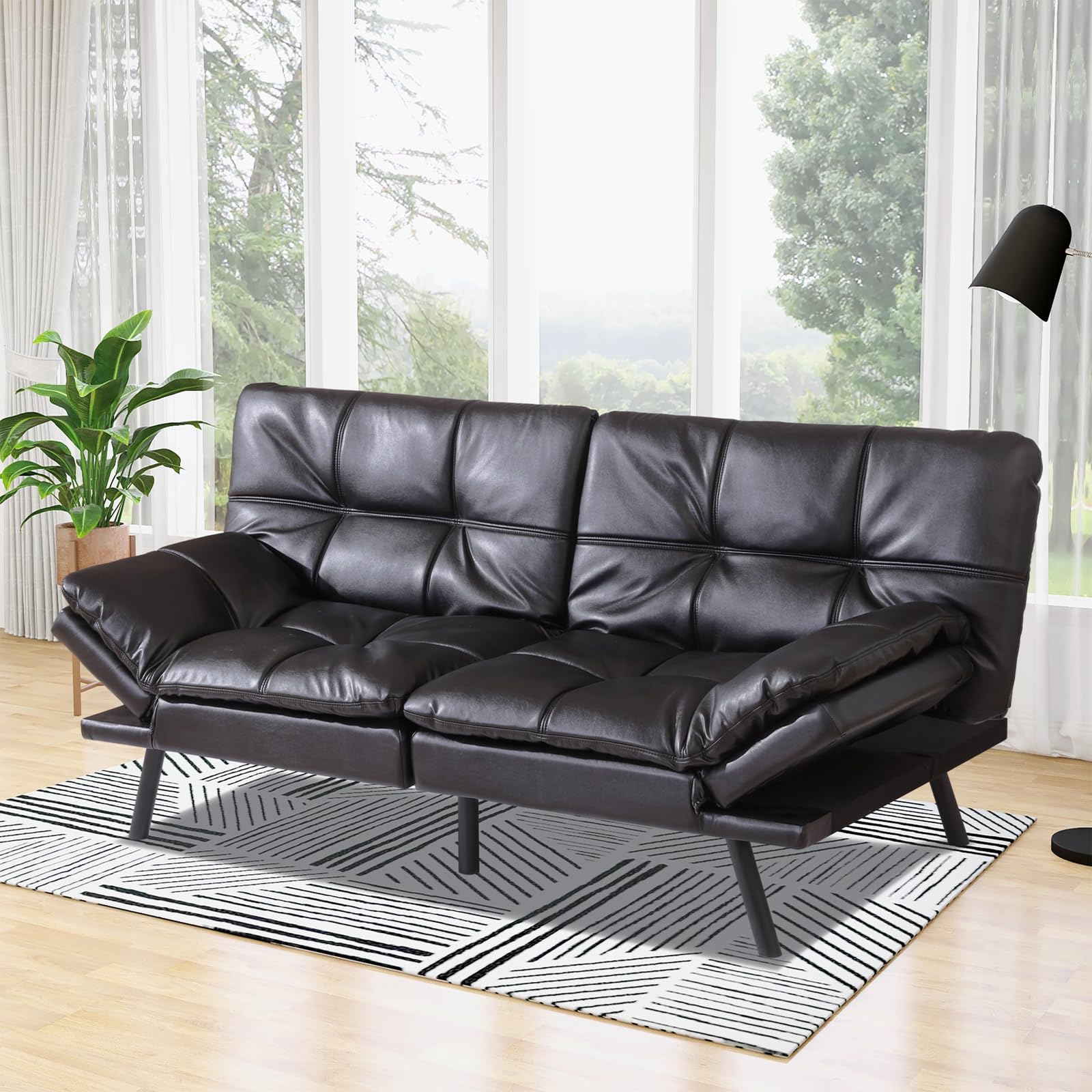 MUUEGM Futon Sofa Bed Memory Foam Convertible Couch Sleeper,Modern Faux Leather Love Seat for Living Room Small Space Apartment Office,Adjustable Backrest Armrest,71" Sofabed, Black-New
