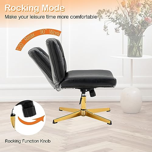 HomVent Armless Office Desk Chair No Wheels, PU Leather Tufted Padded Cute Desk Chair, Modern Ergonomic Computer Desk Chair w/Gold Cross Base,Adjustable Swivel Desk Chair for Makeup Vanity Study Black